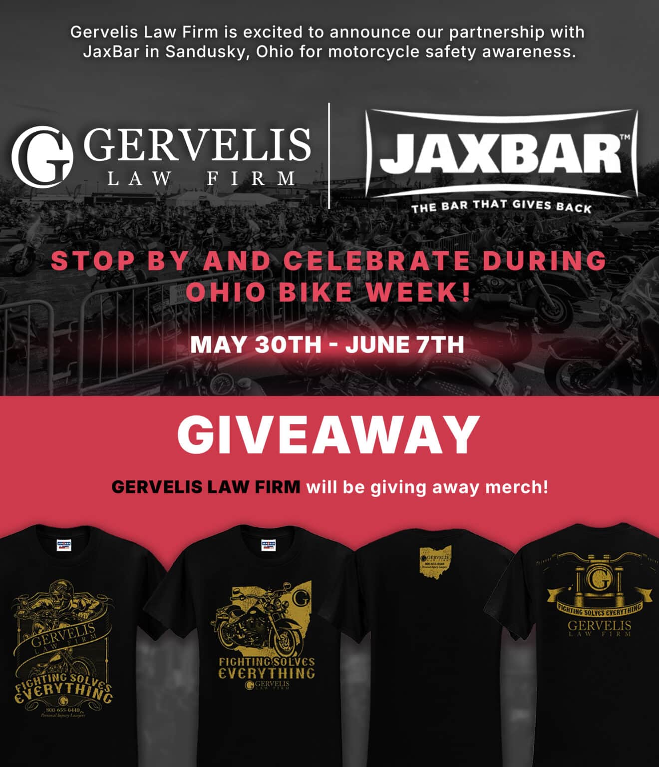 Gervelis Law In Sandusky During Ohio Bike Week | Visit Us At JaxBar